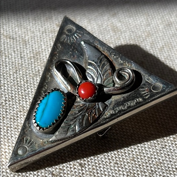 Accessories | Vintage Triangle Brooch With Turquoise And Red Coral ...